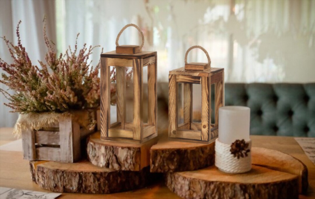 2 Pack Decorative Rustic Hanging Wooden Lantern Set Frame Empty Natural ...