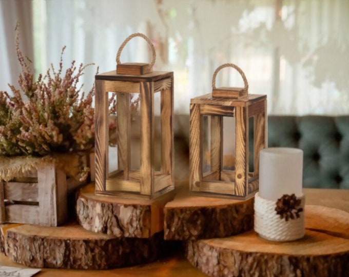 2 Pack Decorative Rustic Hanging Wooden Lantern Set Frame Empty Natural ...
