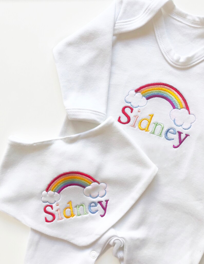 Personalised Embroidered Rainbow Baby Sleepsuit and Matching - Etsy UK