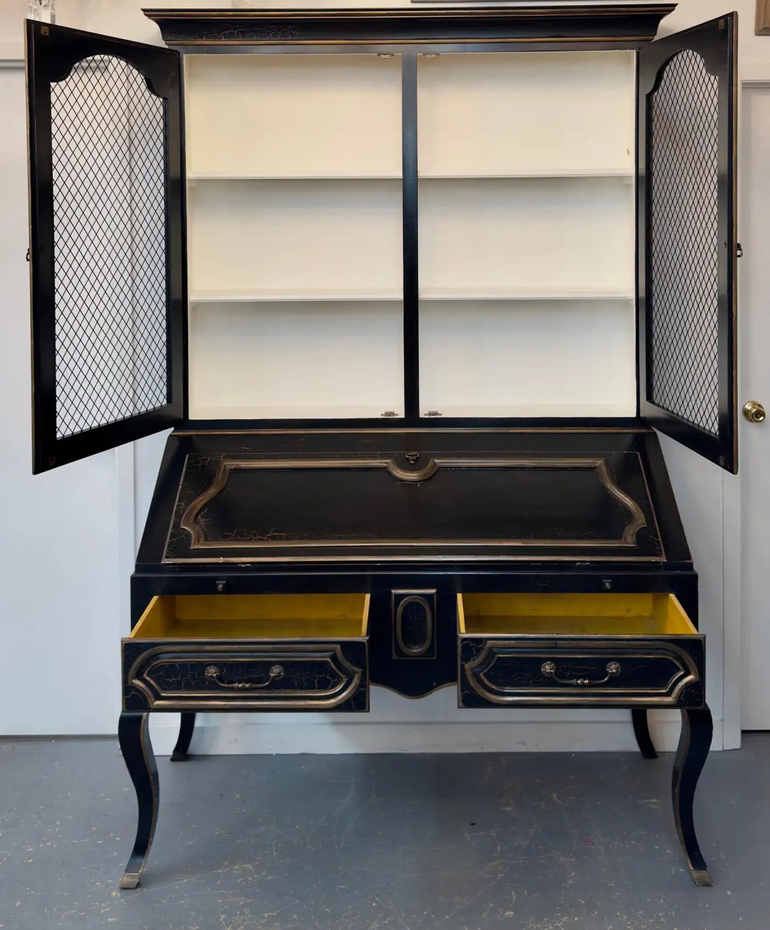 Louis XV Style Minton Spidell Drop-front Hand Painted Black Secretary ...