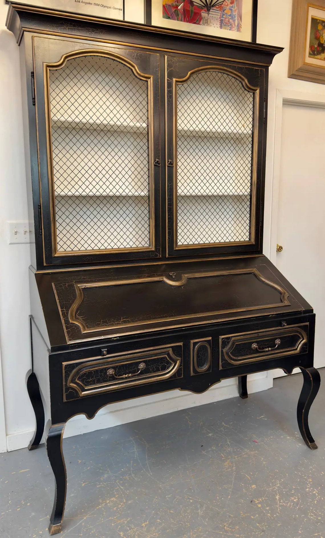 Louis XV Style Minton Spidell Drop-front Hand Painted Black Secretary ...