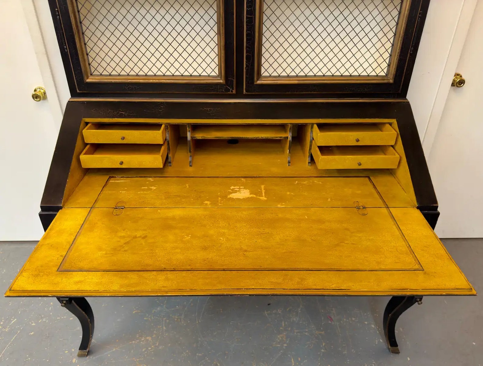 Louis XV Style Minton Spidell Drop-front Hand Painted Black Secretary ...