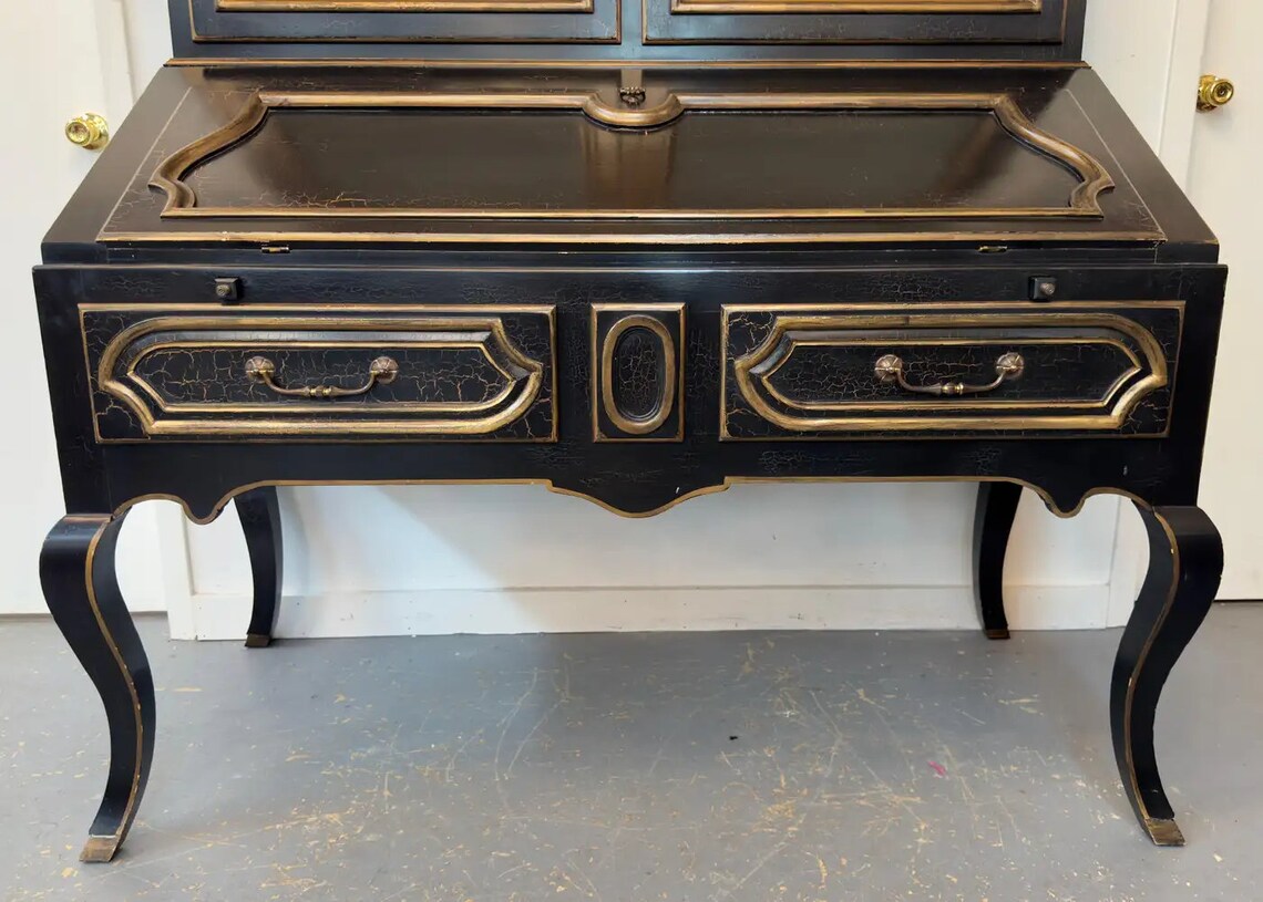 Louis XV Style Minton Spidell Drop-front Hand Painted Black Secretary ...