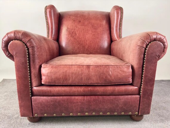 American Classical Style Distressed Leather Red Brown Oversized Club Chair Etsy