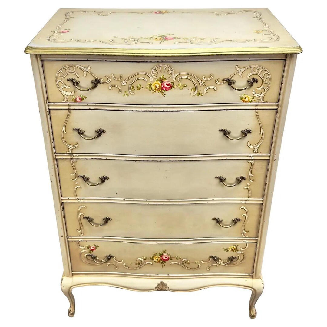 French Provincial Style Highboy Chest of Drawers or Dresser With Floral ...