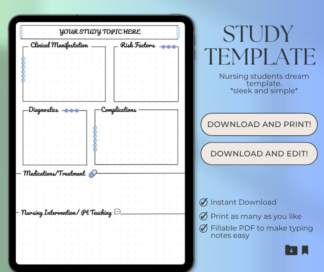 Printable Nursing Study Template | NCLEX Study Guide | Nursing School ...