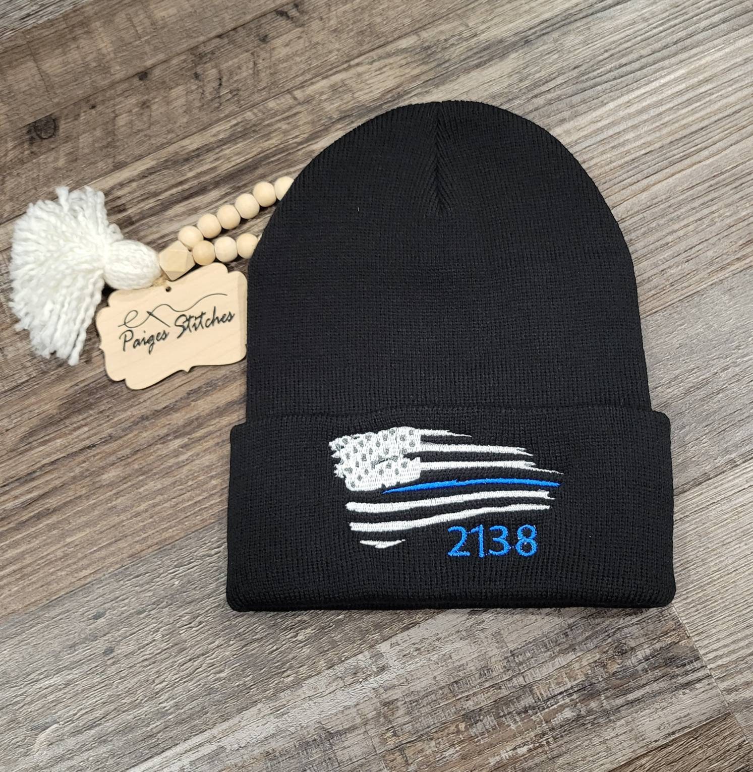 Personalized Thin Line Flag Beanie - First Responder Red Blue Police ...