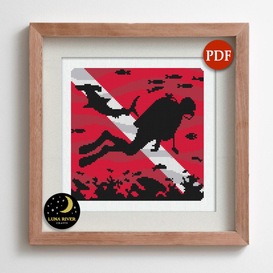 Reef Diver Cross Stitch Pattern - Instant Download - Scuba Diving Flag ...