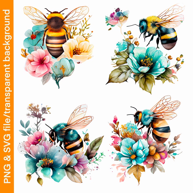 Retro Floral Bee Png / SVG Clipart, Floral Bee Png and SVG, Bee Clipart ...
