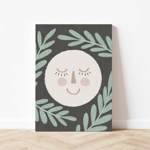 Happy Moon Art Print, Moon Face Illustration, Hippie Moon Art, Face ...