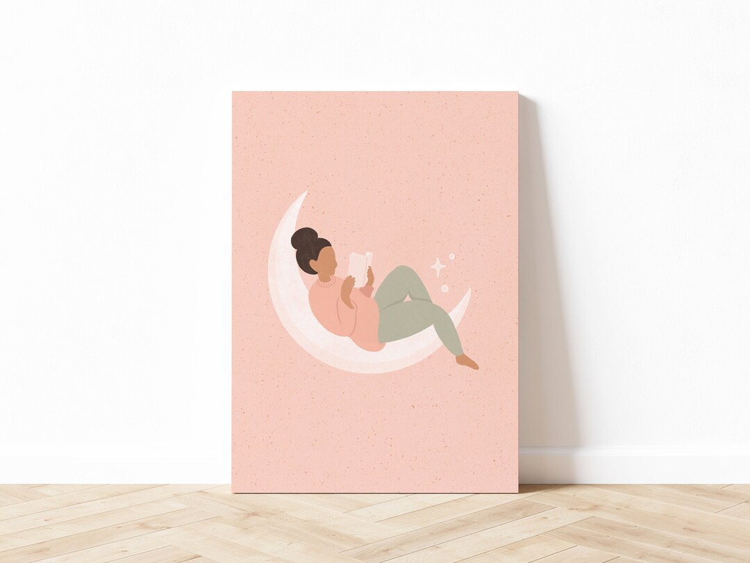 Reading on the Moon Illustration, Book Lover Wall Art, Feminine Art ...