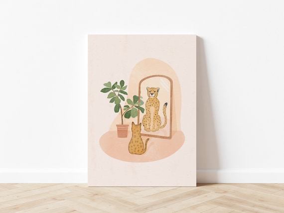 Cat Looking in Mirror Illustration Art Print Self Love Wall - Etsy