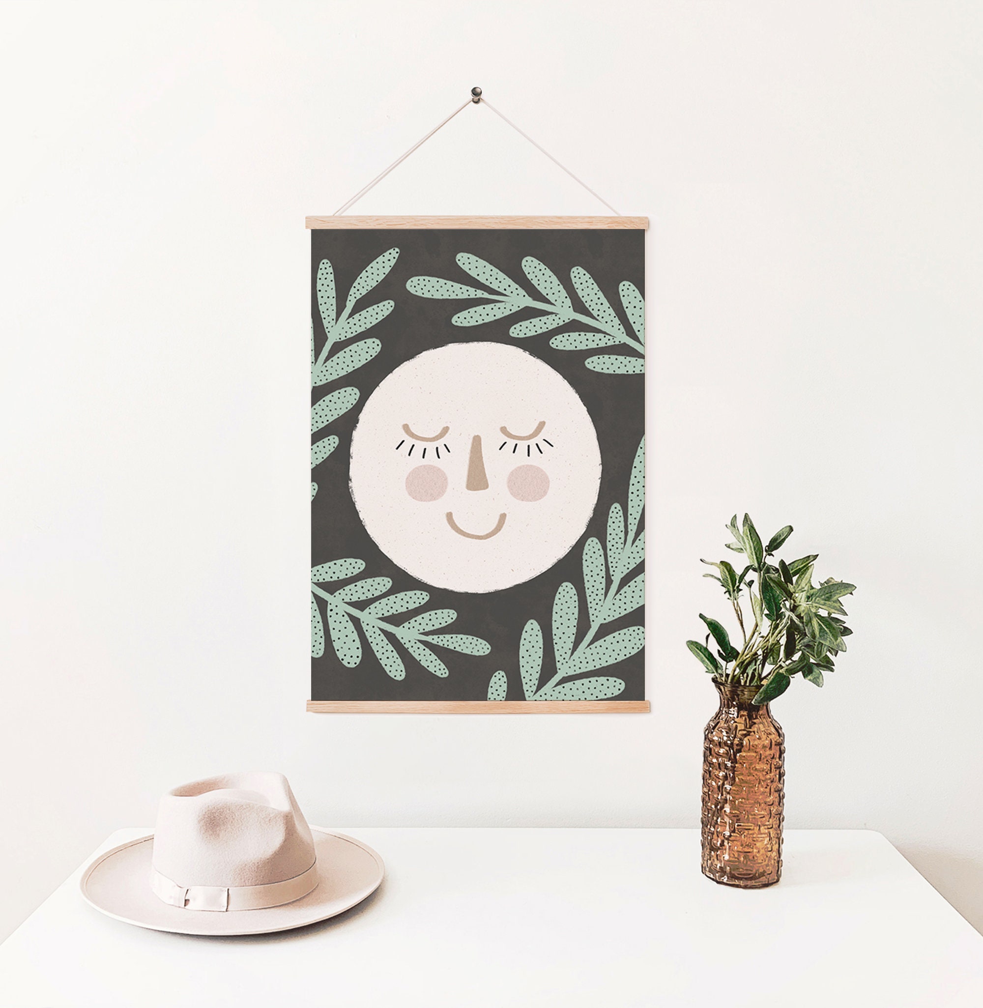 Happy Moon Art Print, Moon Face Illustration, Hippie Moon Art, Face ...