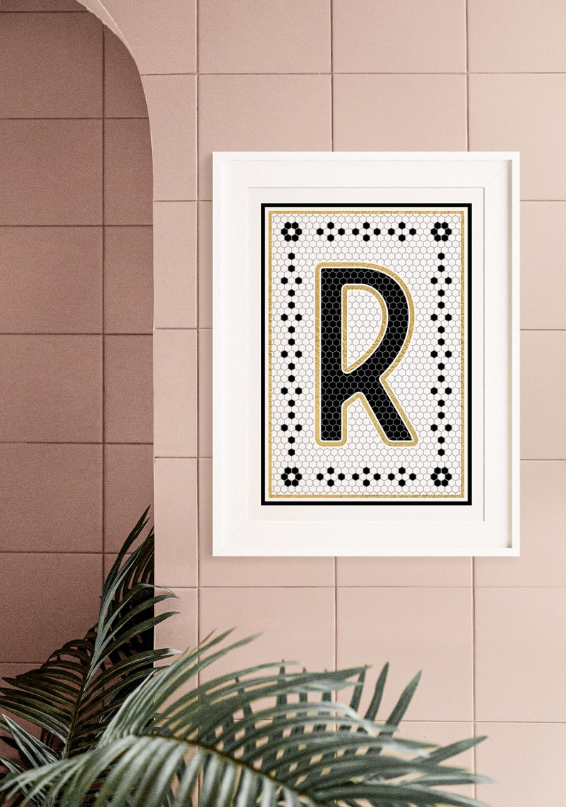 Letter R Mosaic Art Print, Vintage Tile Letter Design, Black & White ...