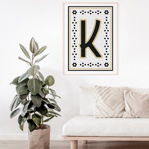 Letter K Mosaic Art Print, Vintage Tile Letter Design, Black & White ...
