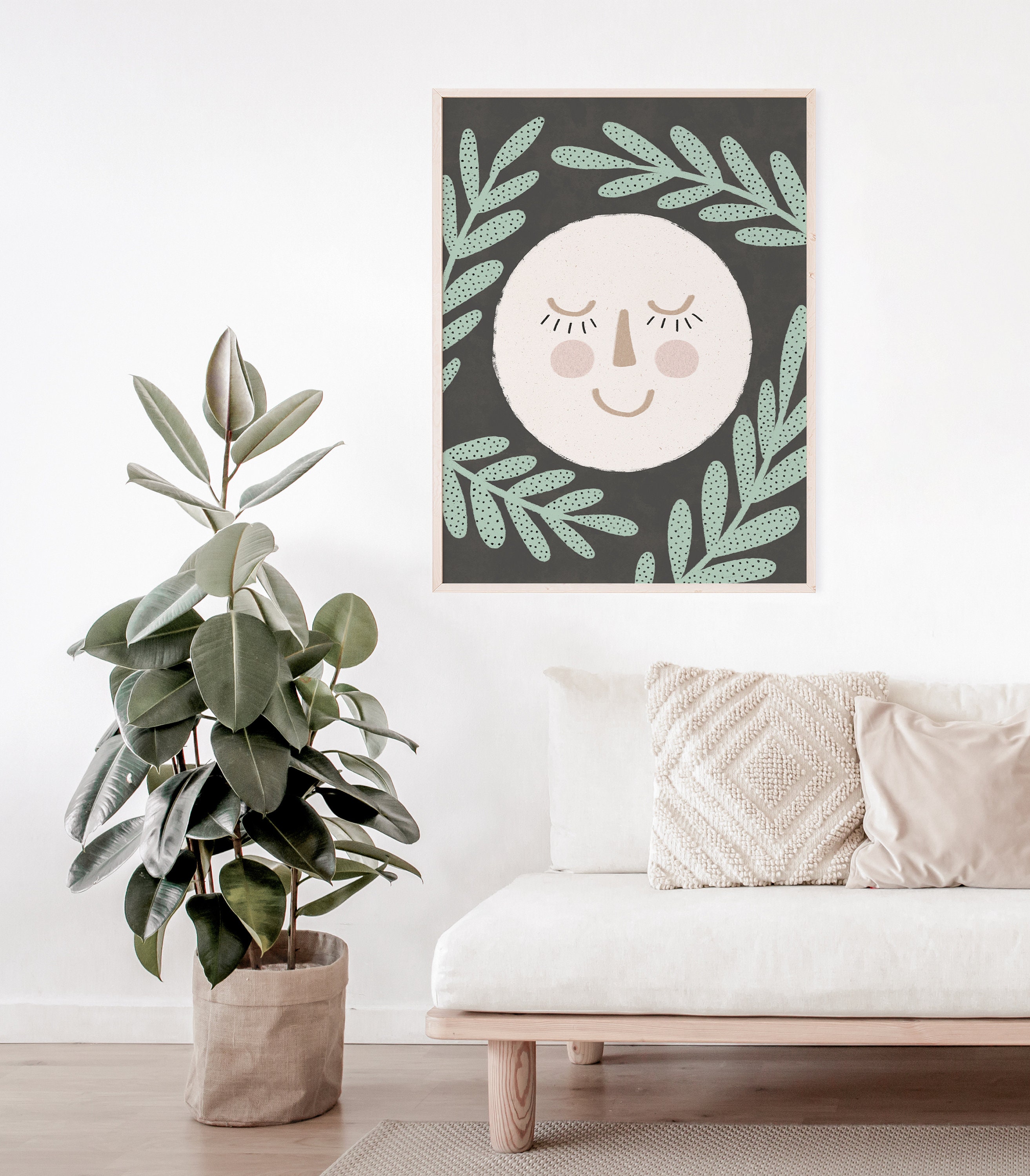 Happy Moon Art Print, Moon Face Illustration, Hippie Moon Art, Face ...
