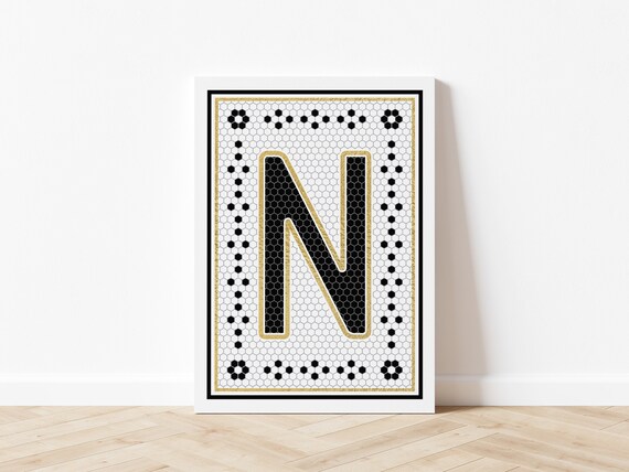 Letter N Mosaic Art Print Vintage Tile Letter Design Black & - Etsy