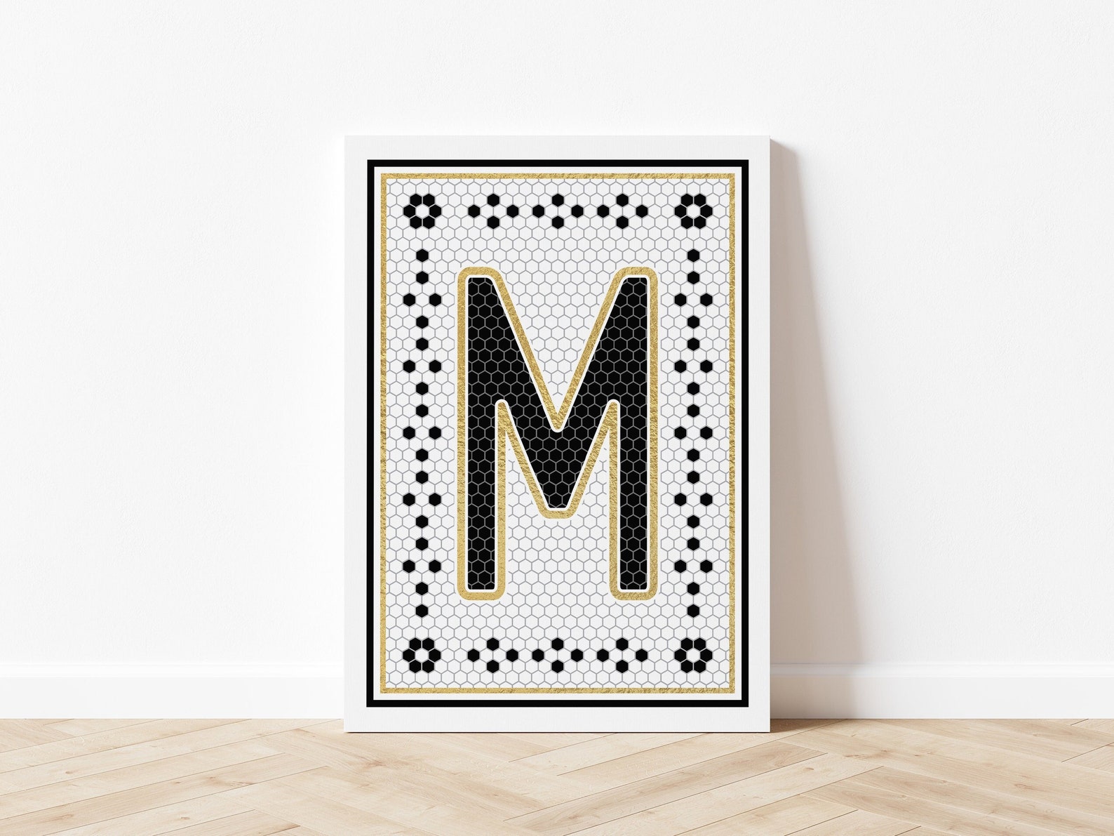 Letter M Mosaic Art Print, Vintage Tile Letter Design, Black & White ...
