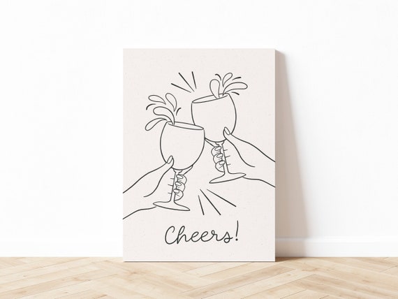 Wine Cheers Minimalist Line Art Print Black and Beige Line - Etsy