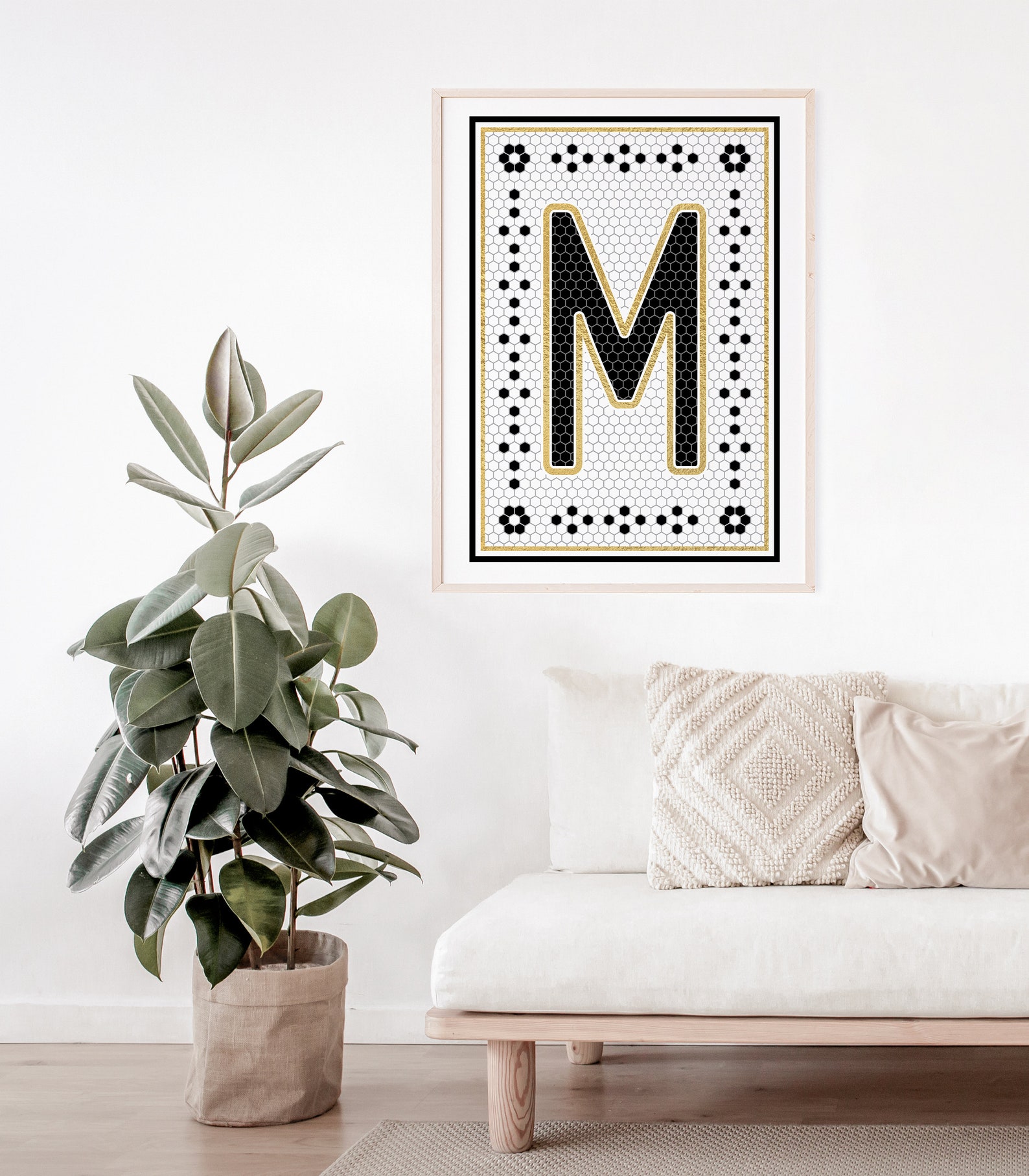 Letter M Mosaic Art Print, Vintage Tile Letter Design, Black & White ...