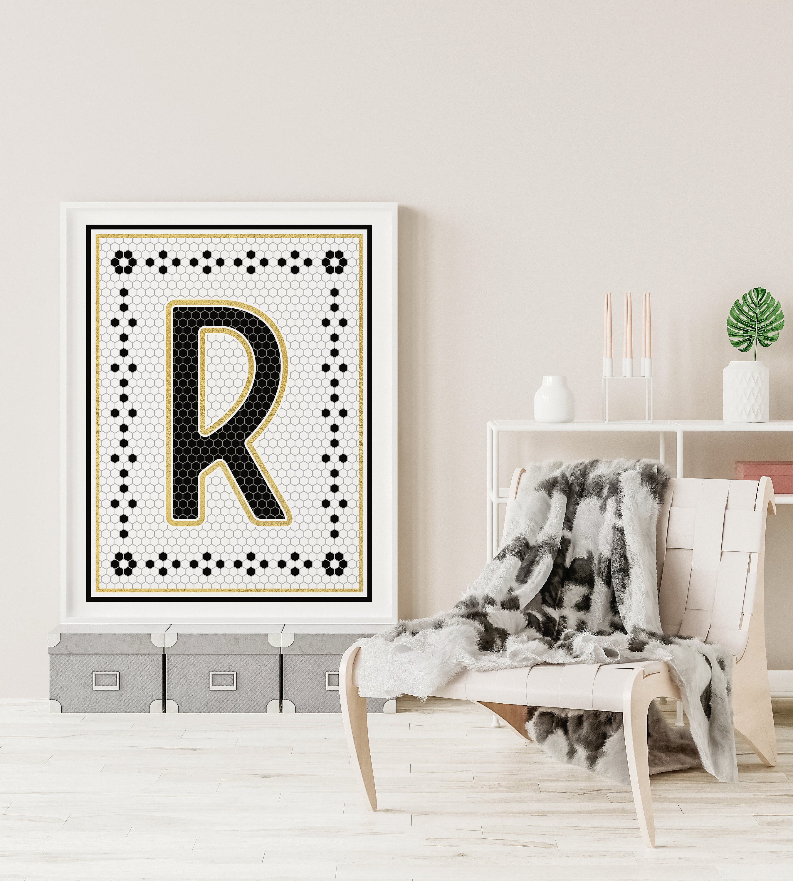 Letter R Mosaic Art Print, Vintage Tile Letter Design, Black & White ...