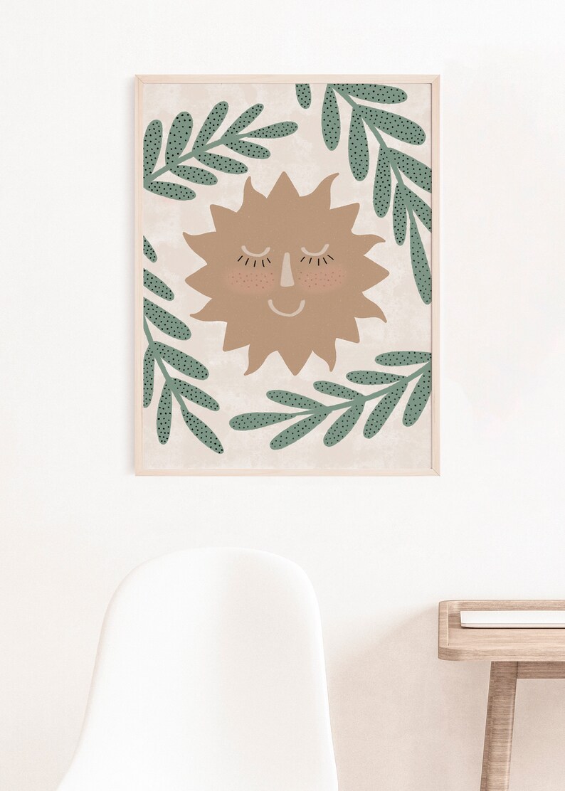 Happy Sun Art Print, Sun Face Illustration, Hippie Sun Art, Face Wall ...