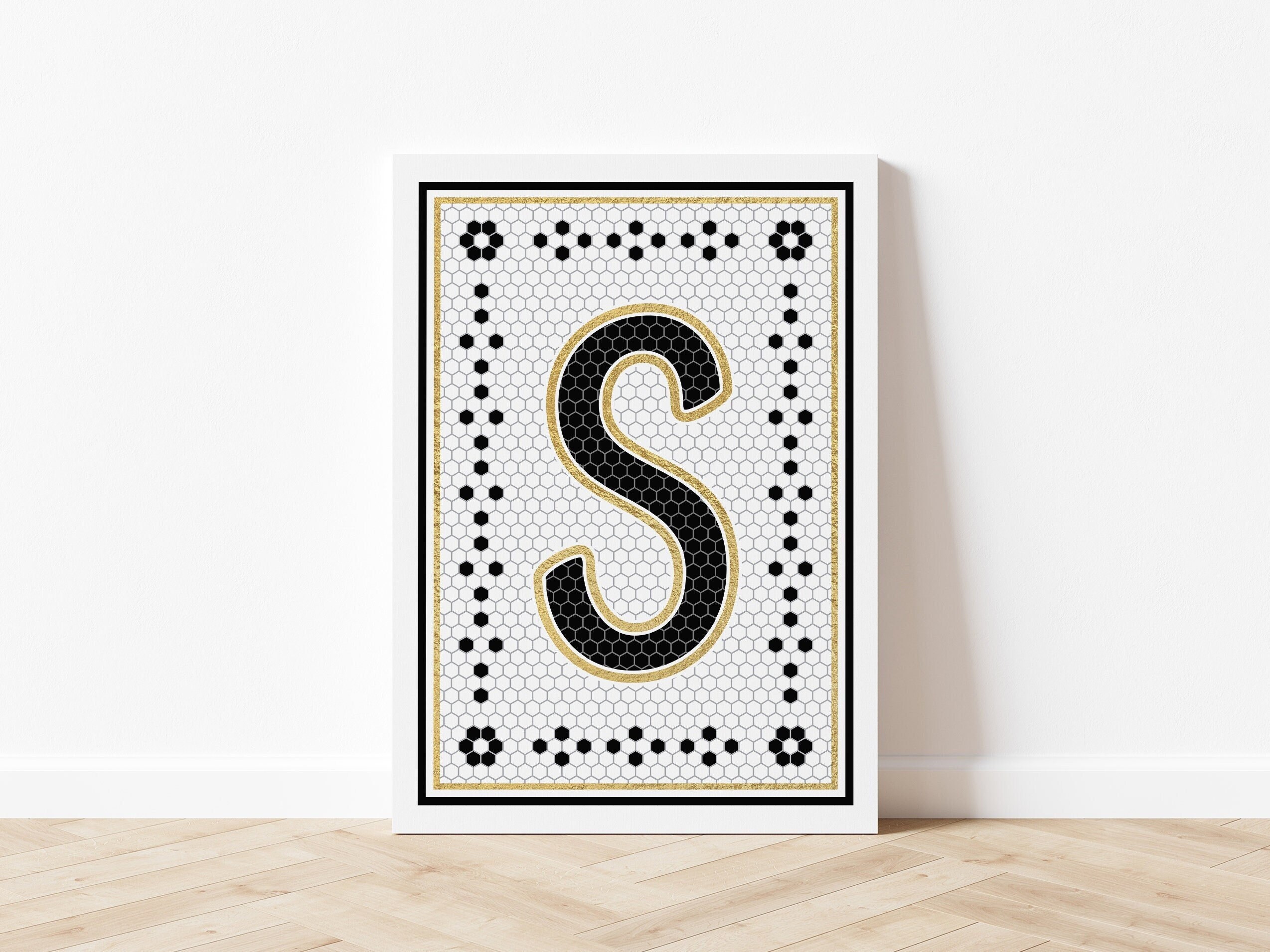 Letter S Mosaic Art Print, Vintage Tile Letter Design, Black & White ...