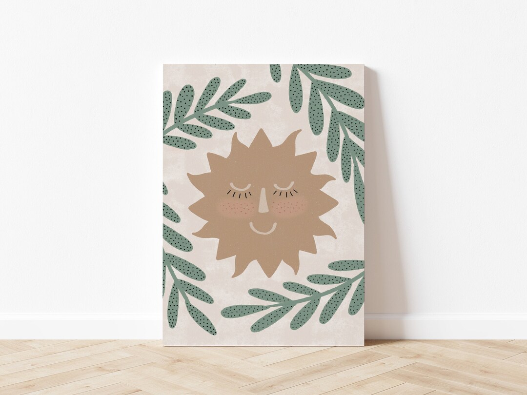 Happy Sun Art Print, Sun Face Illustration, Hippie Sun Art, Face Wall ...