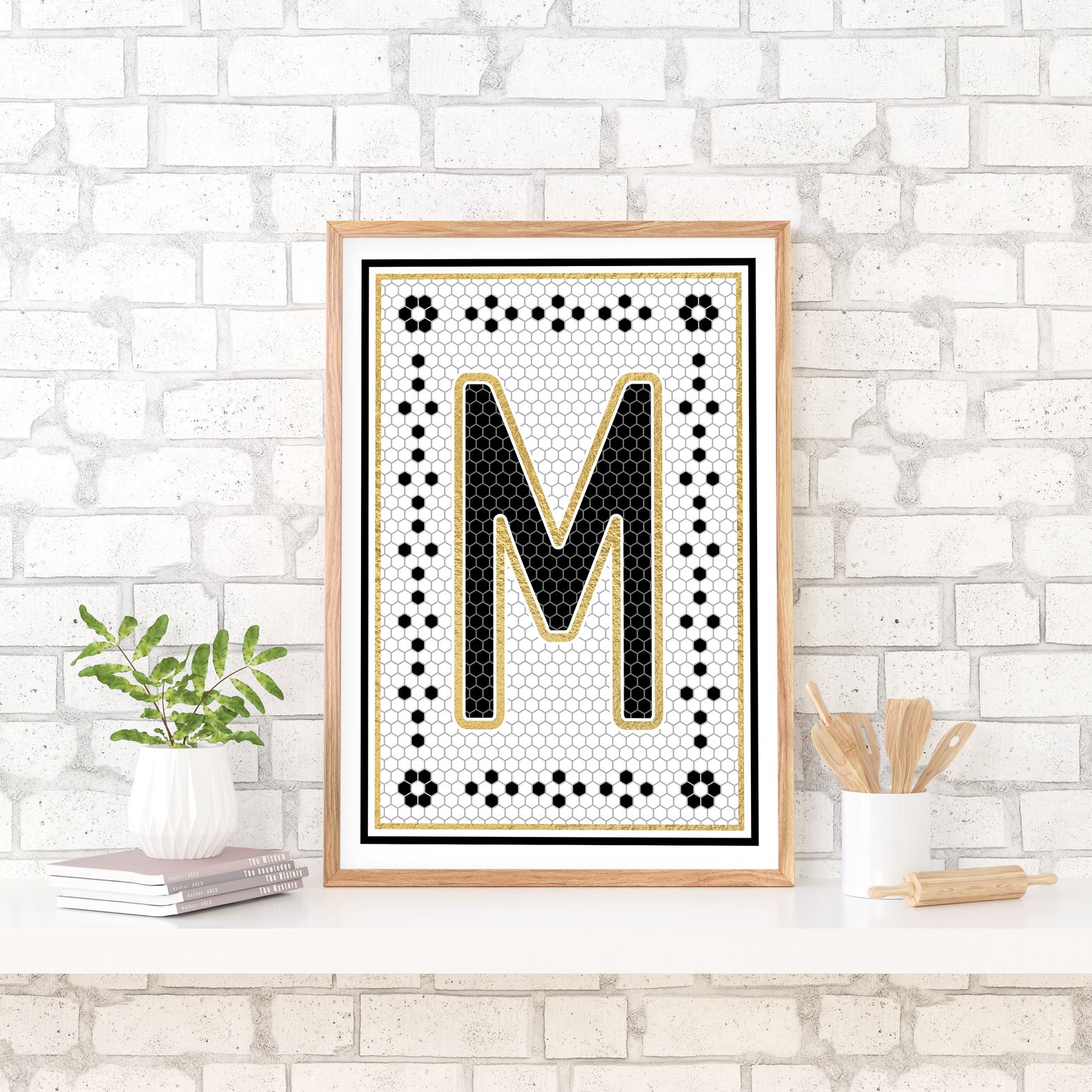 Letter M Mosaic Art Print, Vintage Tile Letter Design, Black & White ...