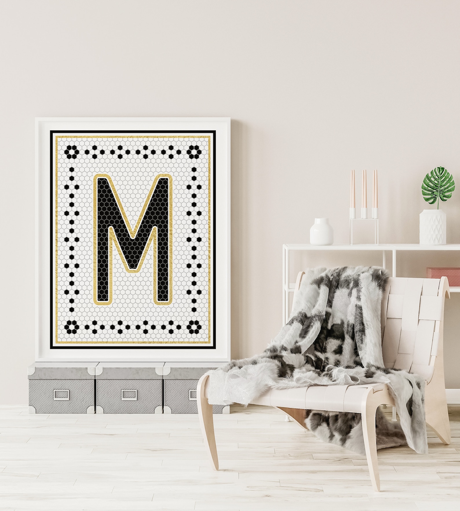 Letter M Mosaic Art Print, Vintage Tile Letter Design, Black & White ...