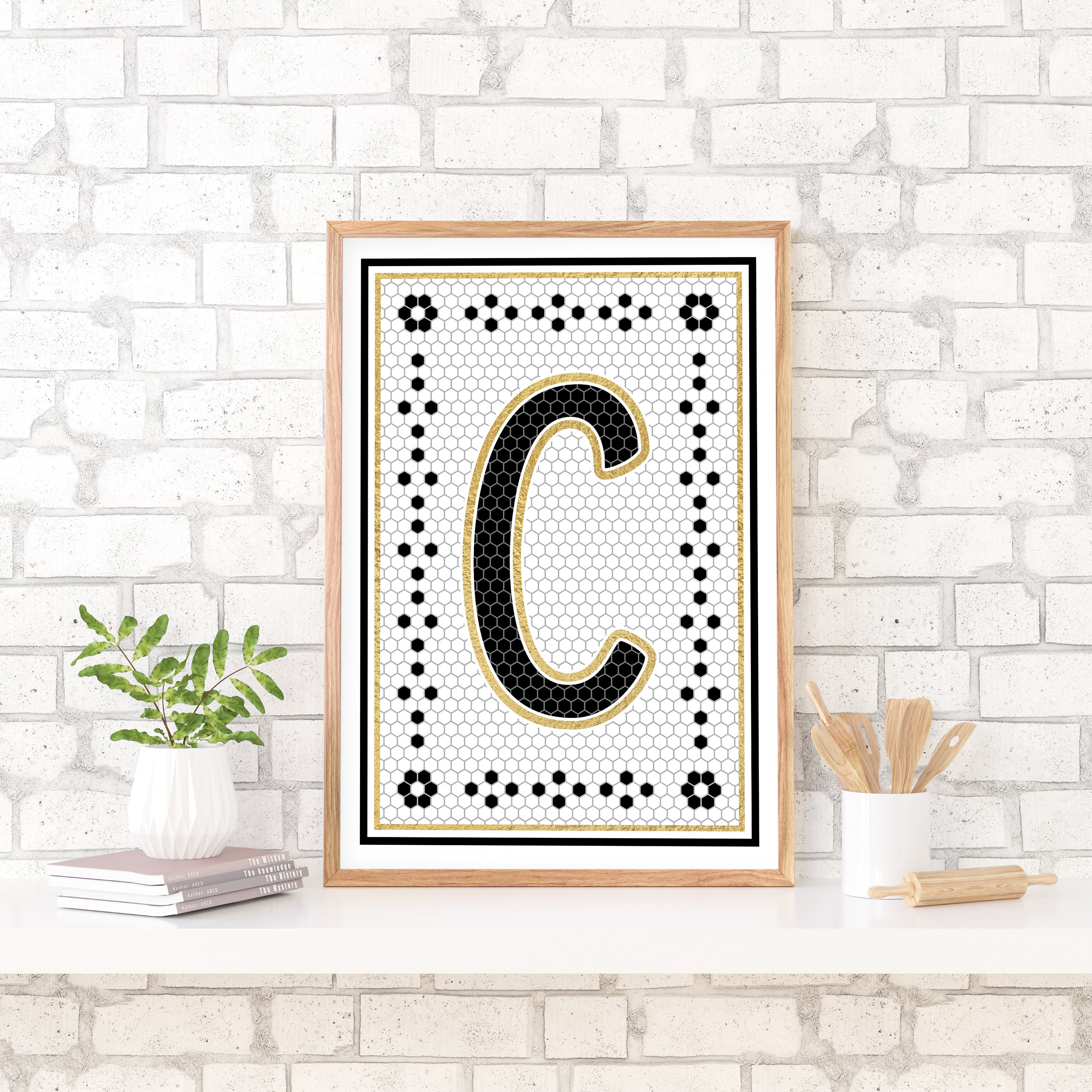 Letter C Mosaic Art Print, Vintage Tile Letter Design, Black & White ...