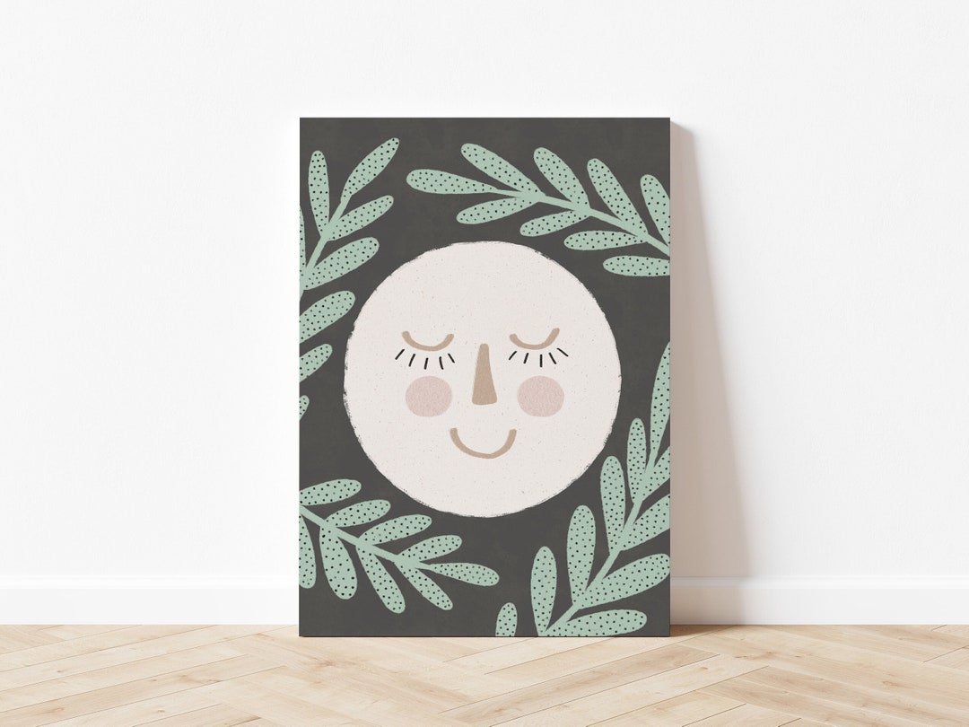 Happy Moon Art Print, Moon Face Illustration, Hippie Moon Art, Face ...