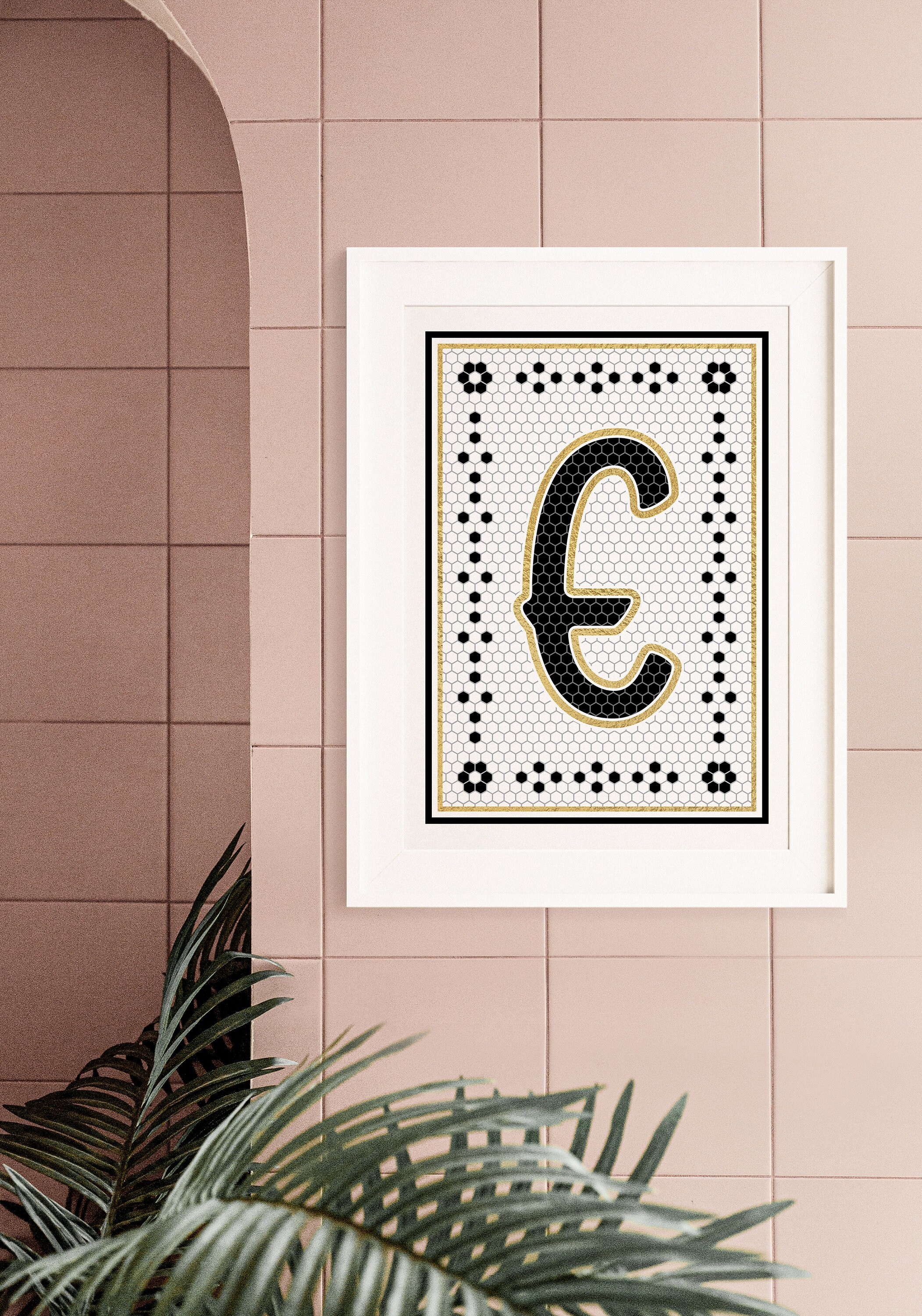 Letter E Mosaic Art Print, Vintage Tile Letter Design, Black & White ...