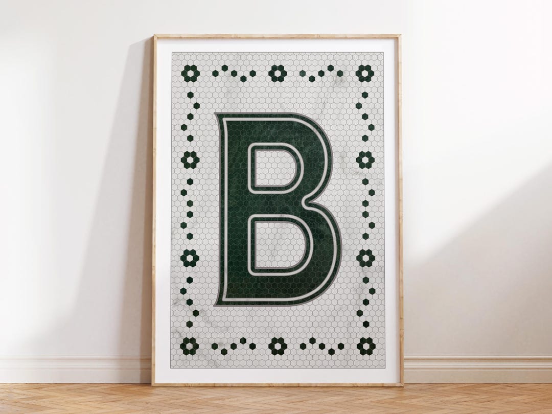 Letter B Monogram Art Print, Green & Beige Vintage Marble Tile Style ...