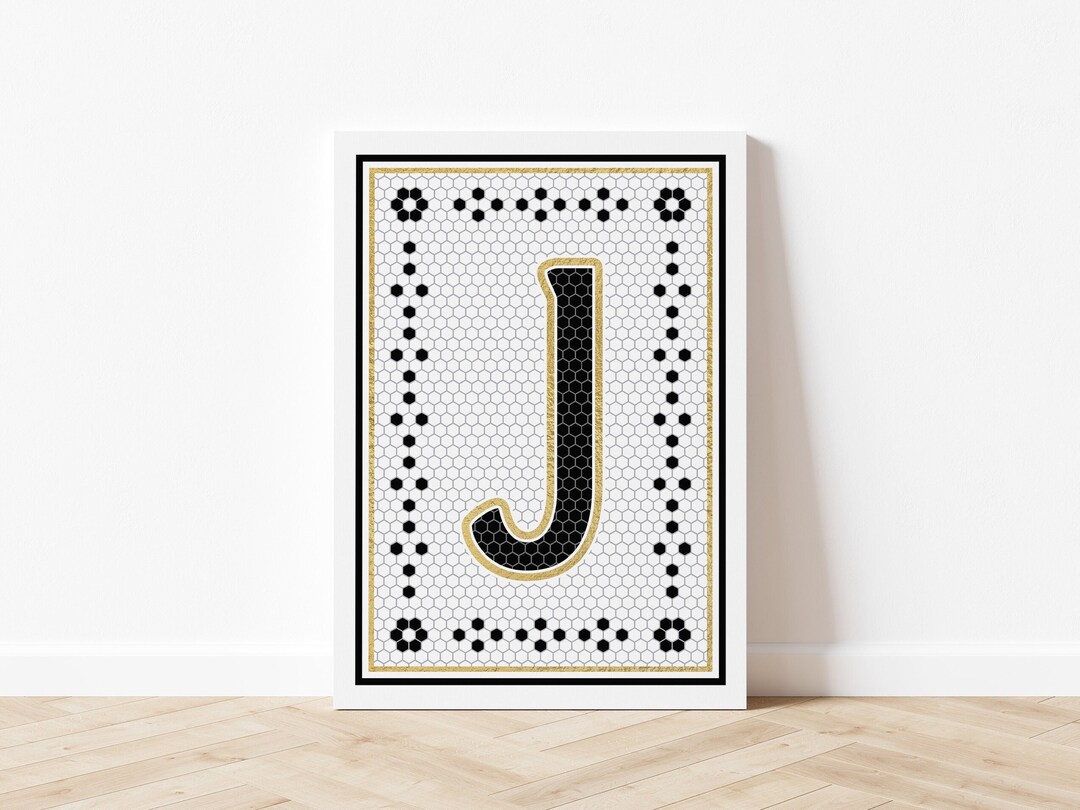 Letter J Mosaic Art Print, Vintage Tile Letter Design, Black & White ...