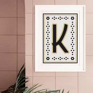Letter K Mosaic Art Print, Vintage Tile Letter Design, Black & White ...