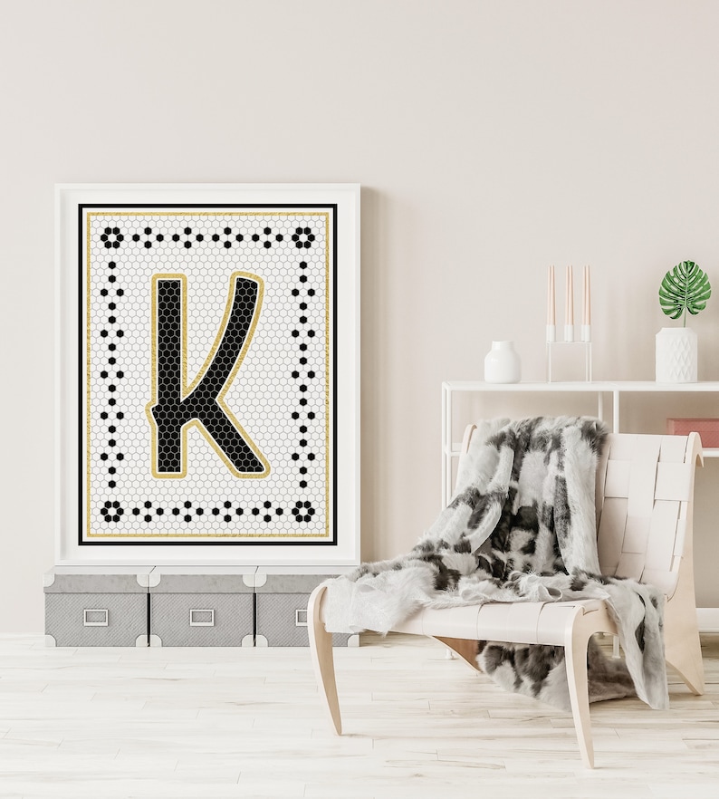 Letter K Mosaic Art Print Vintage Tile Letter Design Black & | Etsy