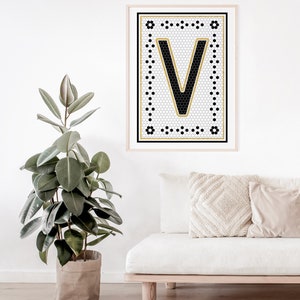 Letter V Mosaic Art Print, Vintage Tile Letter Design, Black & White ...