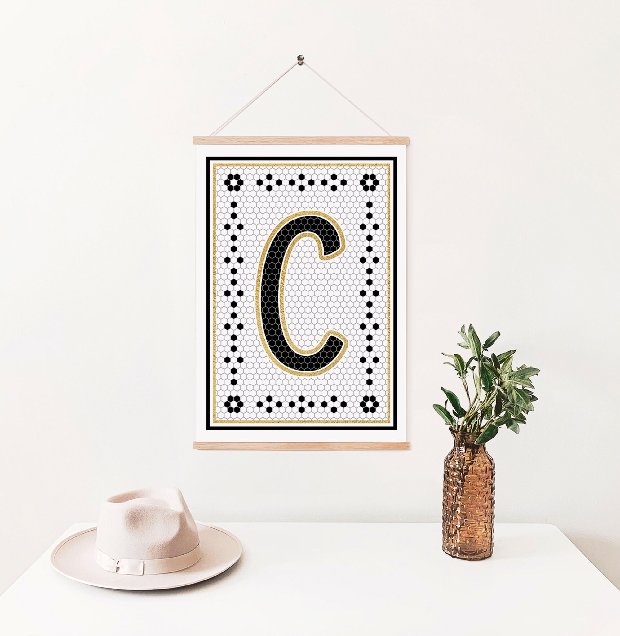 Letter C Mosaic Art Print, Vintage Tile Letter Design, Black & White ...