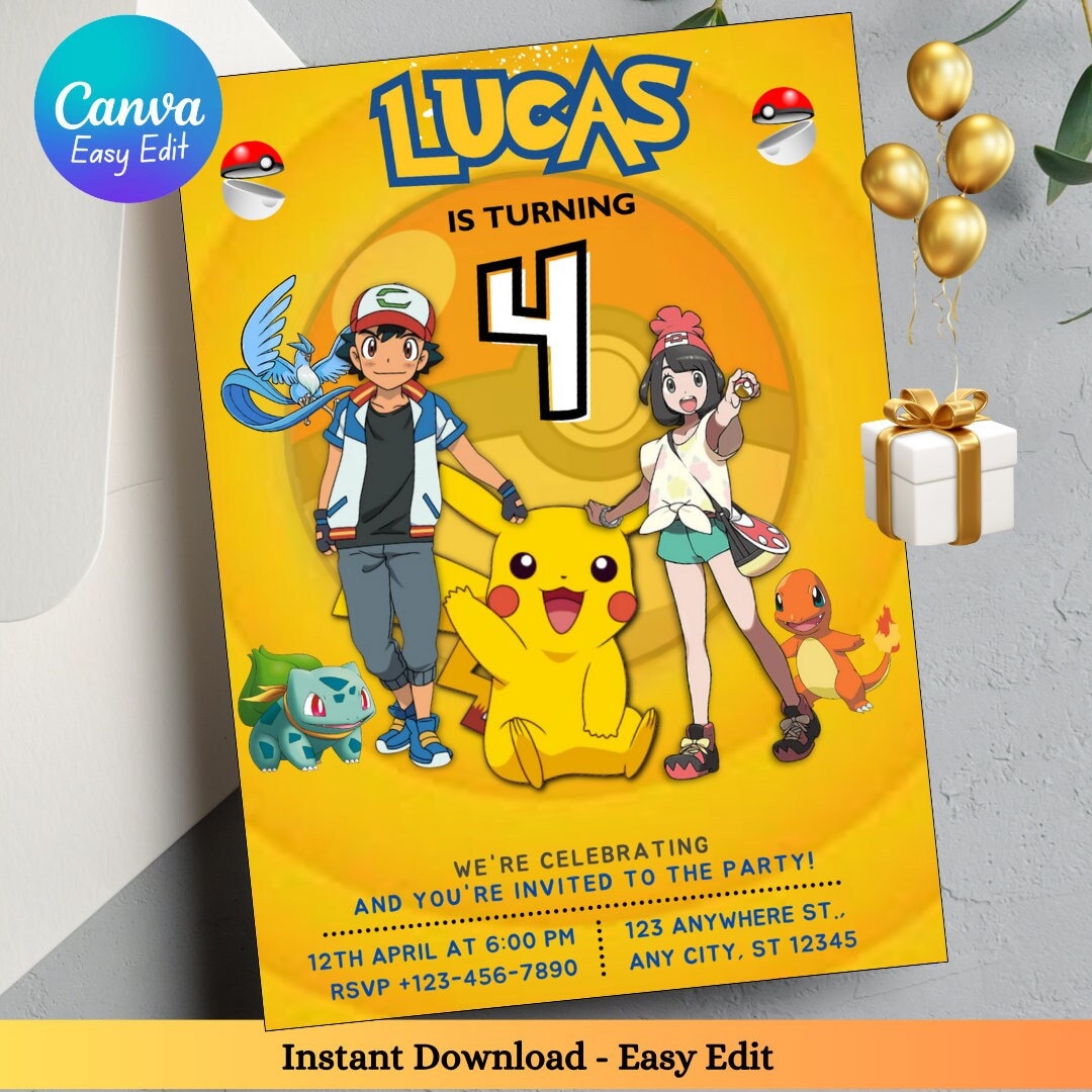 Personalized Pokemon Party Invitation Pikachu Squirtle League Pokemon ...