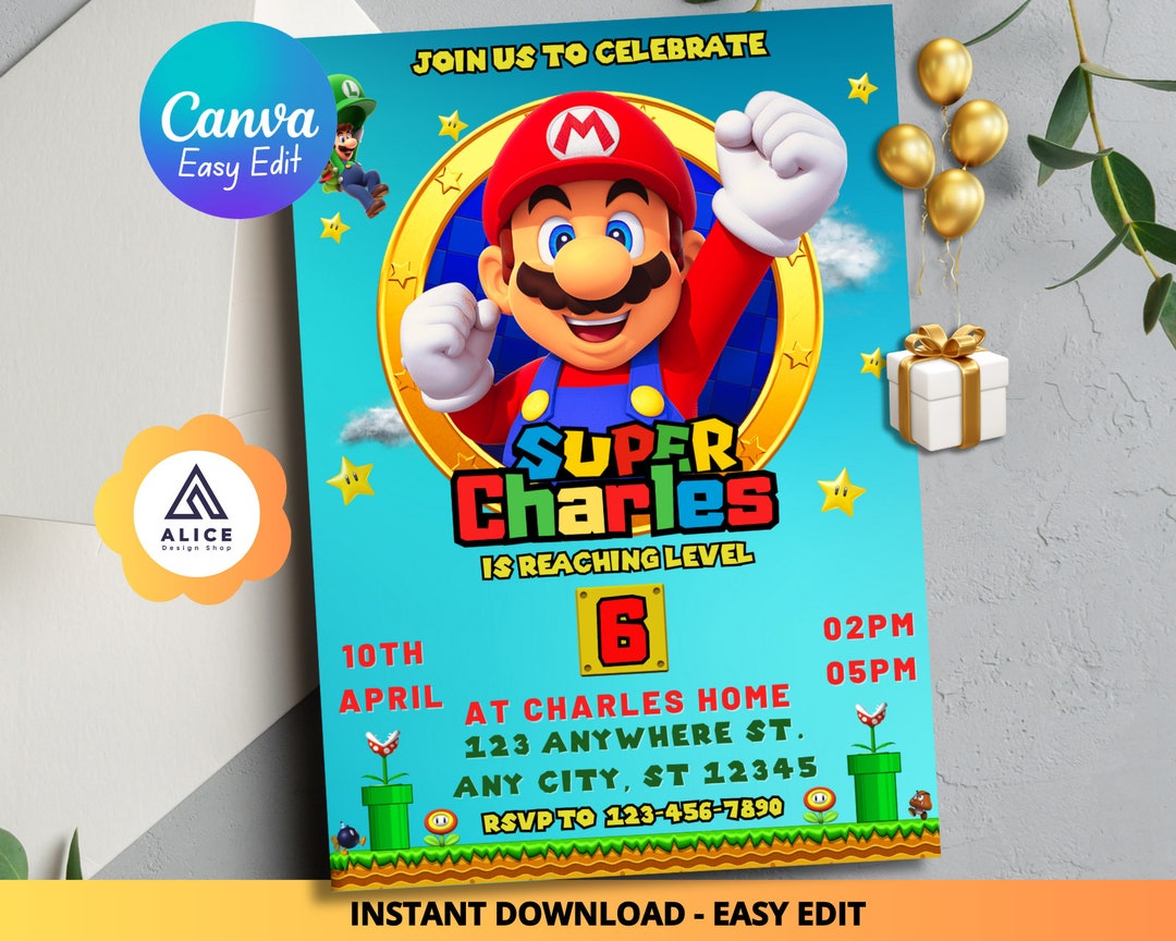 Super Mario Editable Invitation Card Adventures Customizable Invitation ...