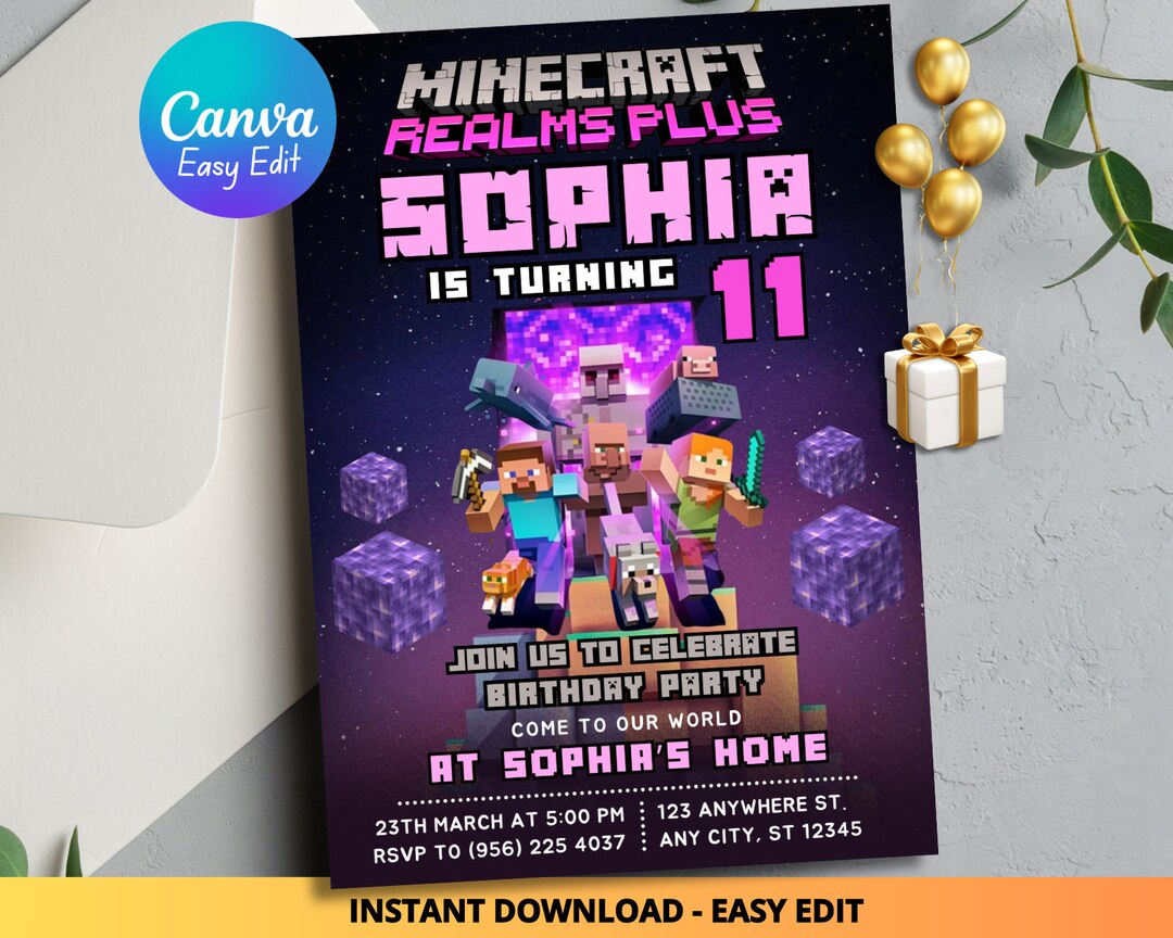 Minecraft Editable Girls Birthday Invitation Card Get Ready for ...