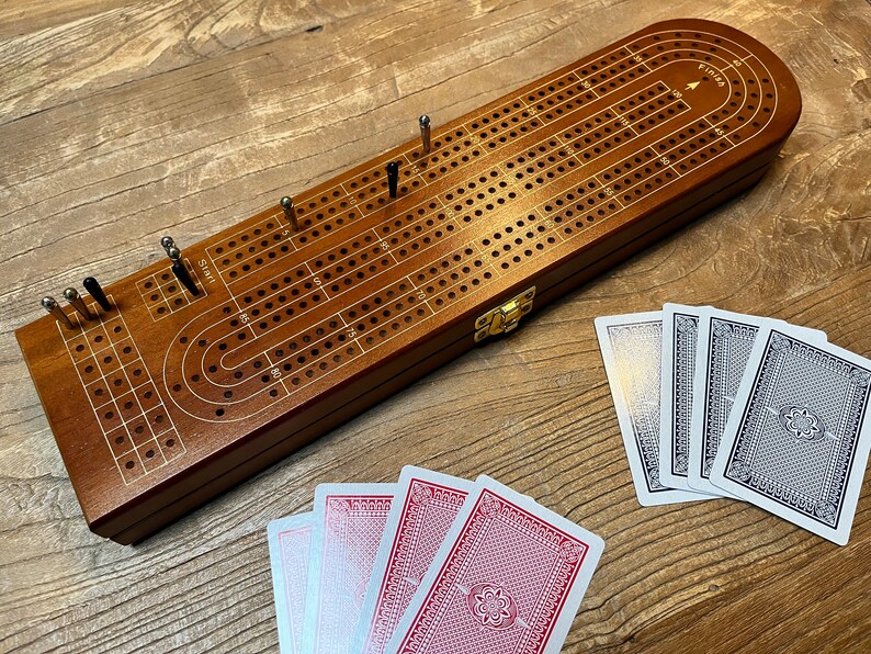 Personalized Walnut Stained Hardwood Cribbage Board Wooden 3 Track