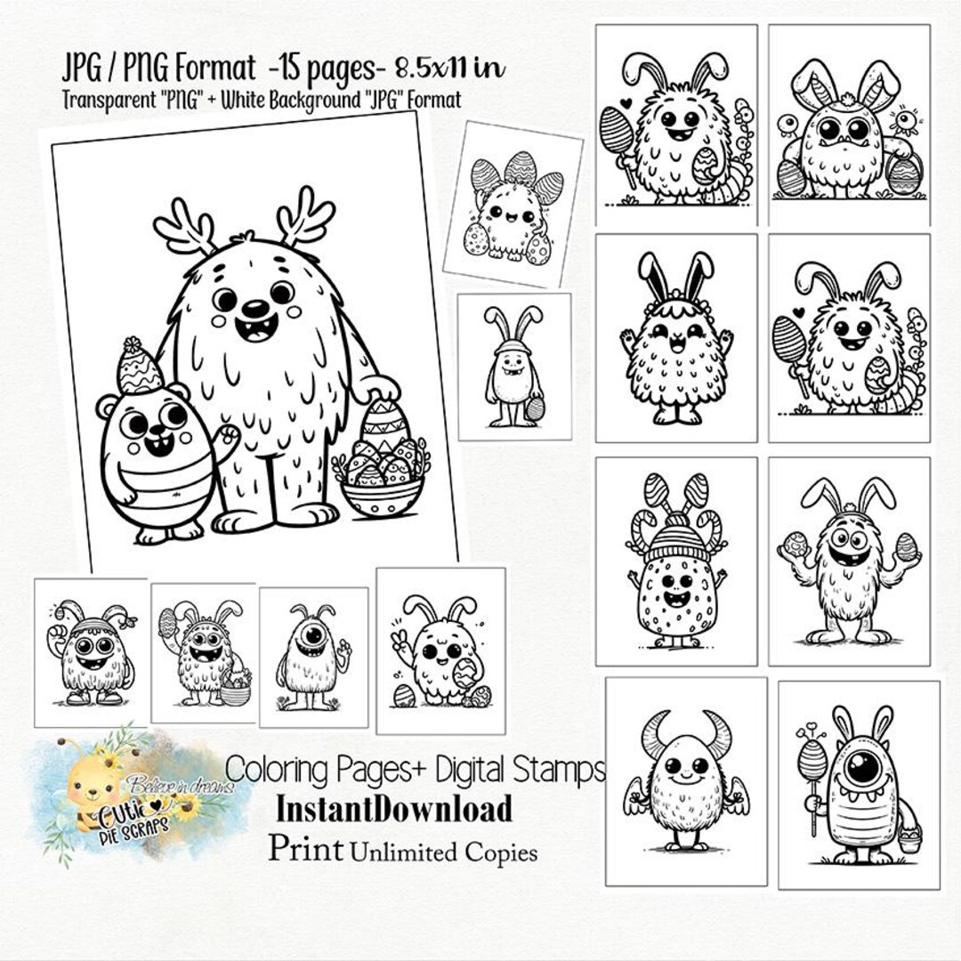 Digital Easter Monsters Coloring Pages and Transparent Digital Stamps ...
