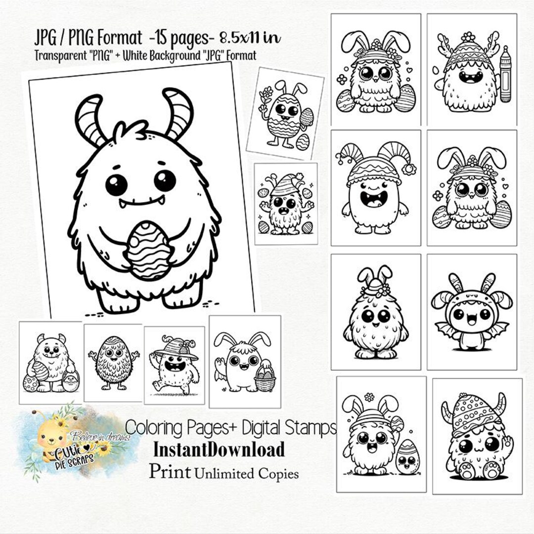 Digital Easter Monster Cuties Coloring Pages and Transparent Digital ...