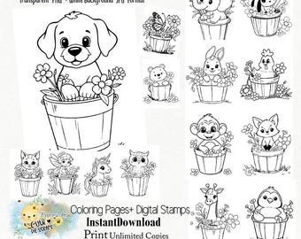 Digital Cutie Pie Baby Animals Coloring Pages and Transparent Digital ...