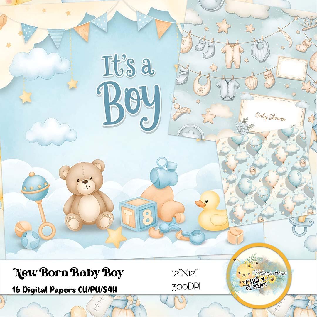 Baby Boy Scrapbook Paper | 16 Printable 12x12 | Pastel Blue Papers ...