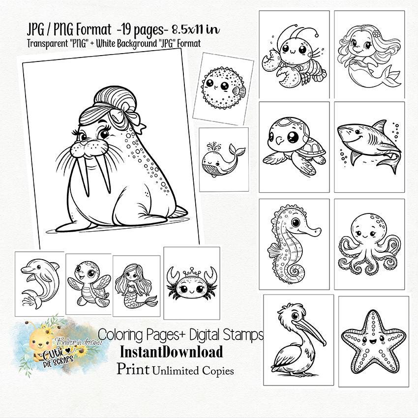 Sea Creatures Coloring Pages and Transparent Digital Stamps , Activity ...