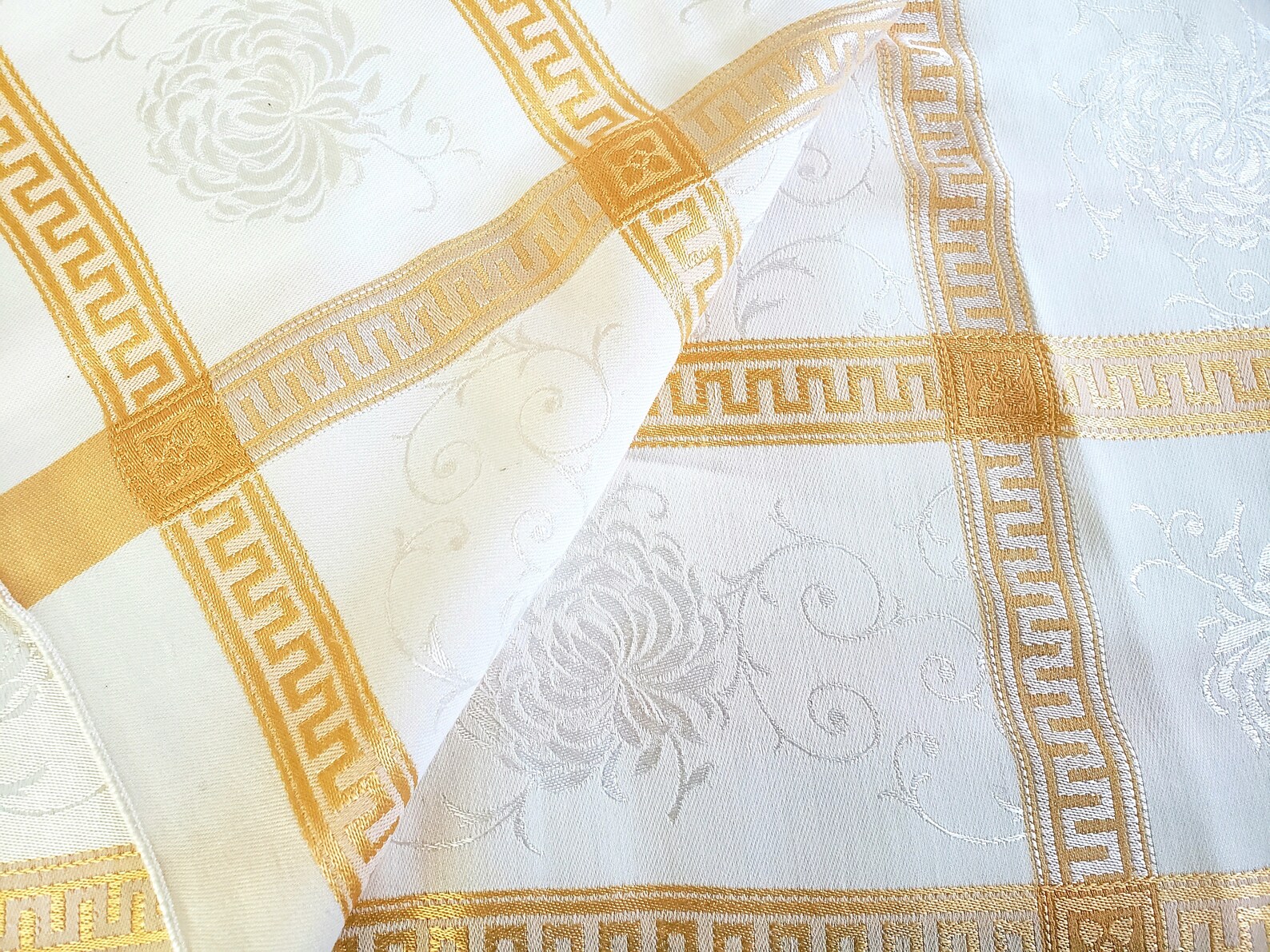 VINTAGE DAMASK TABLECLOTH, Greek Gold Key Stripe on White Satiny White ...