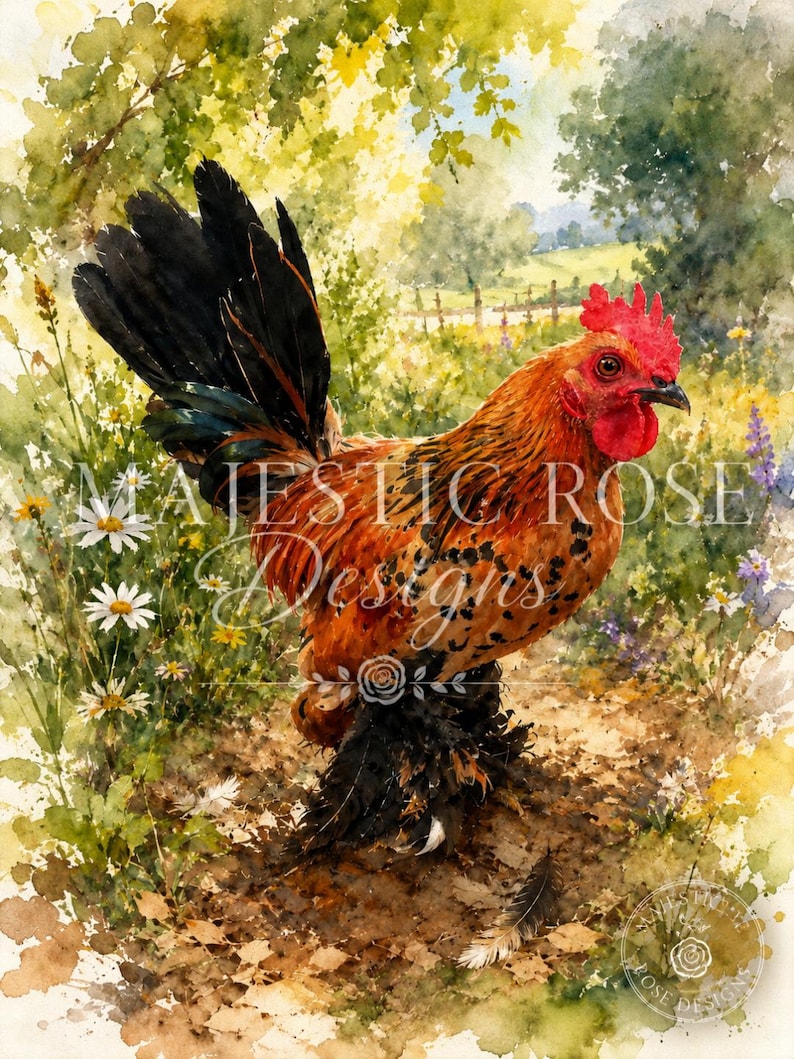 Mille-fleur Rooster Watercolor. Chicken Wall Art. Chicken Home Decor ...